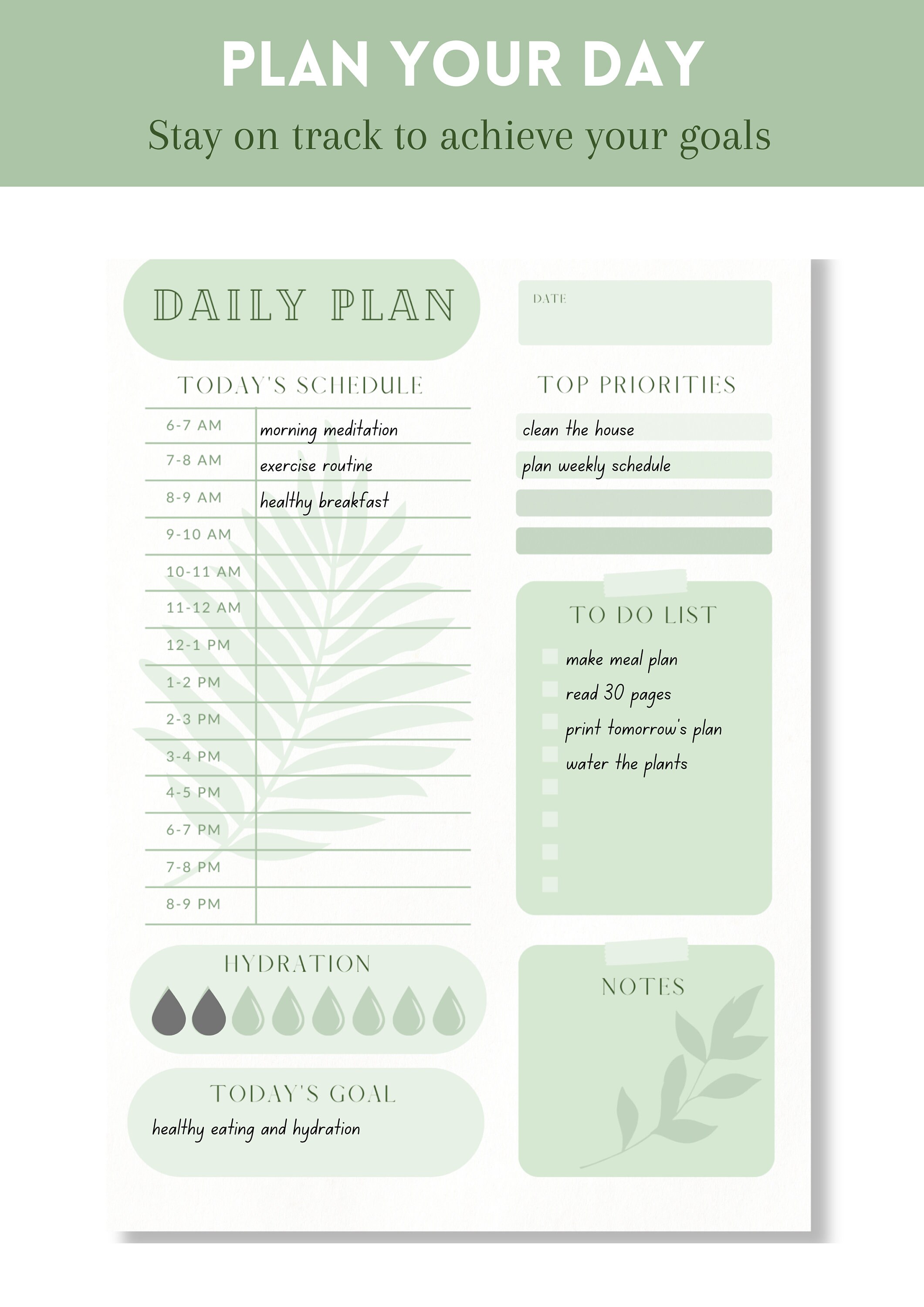 Daily Planner Printable and Fillable PDF, Green Planner, Personal ...
