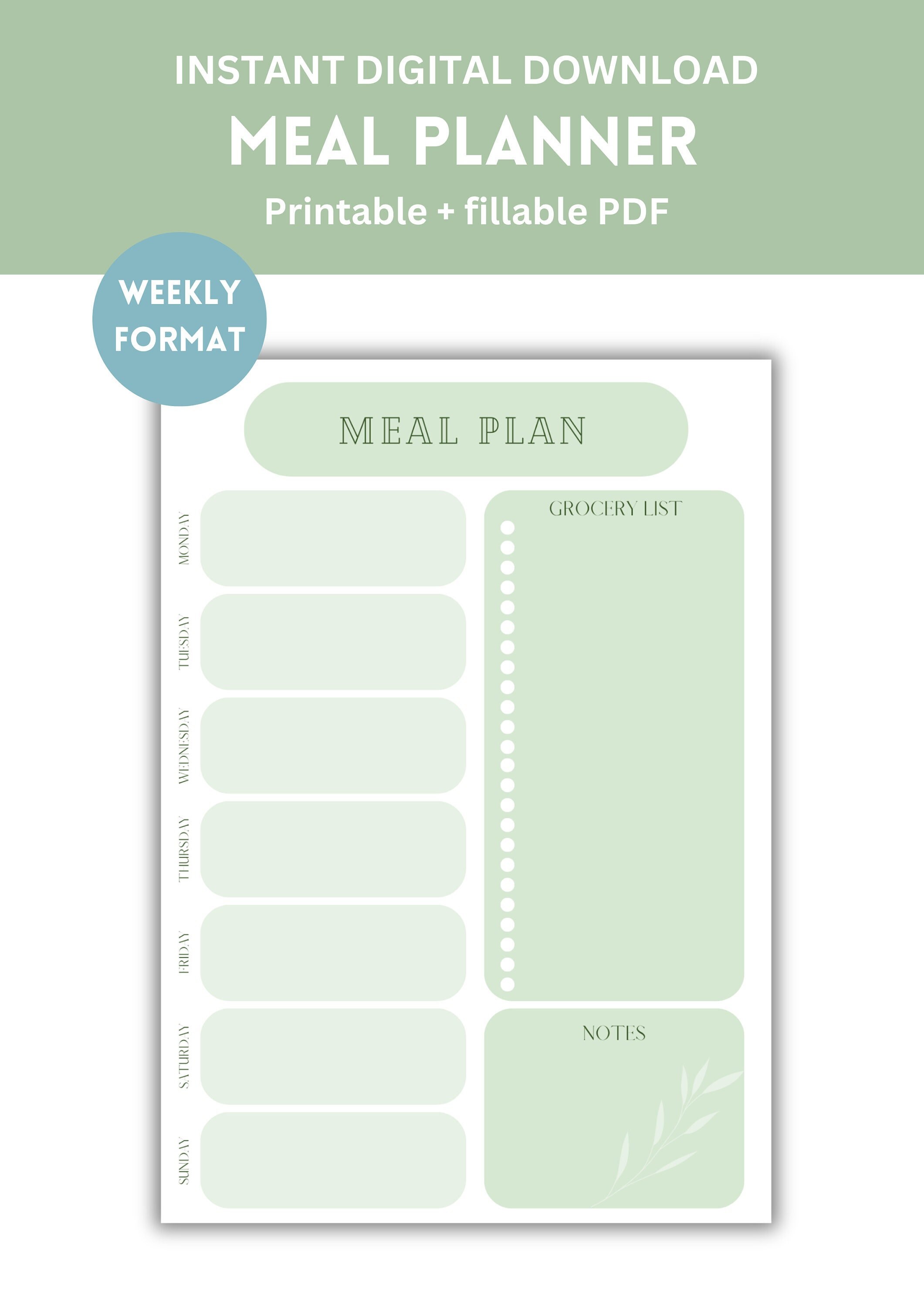 Weekly Meal Planner Printable Fillable PDF Download Meal Plan - Etsy