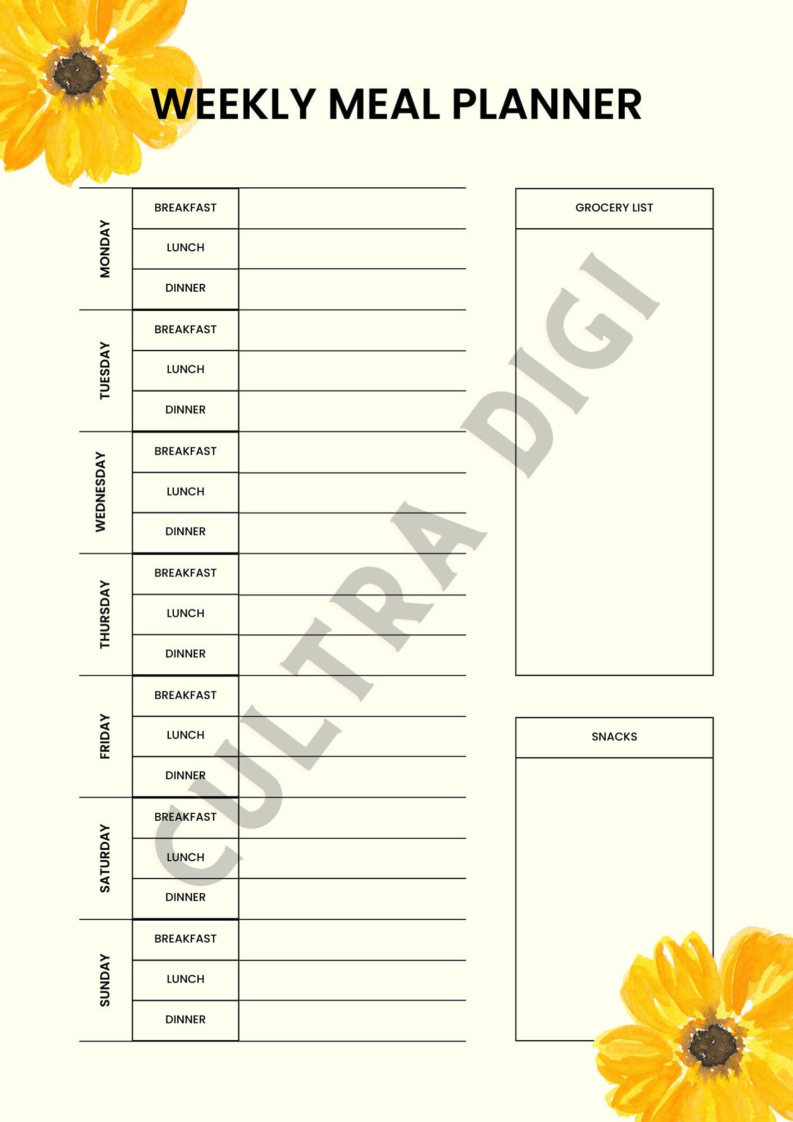 Sunflower Weekly Meal Planner Printable - Etsy