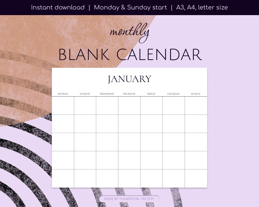 Monthly Blank Calendar Printable, Landscape, Modern Calendar Template ...