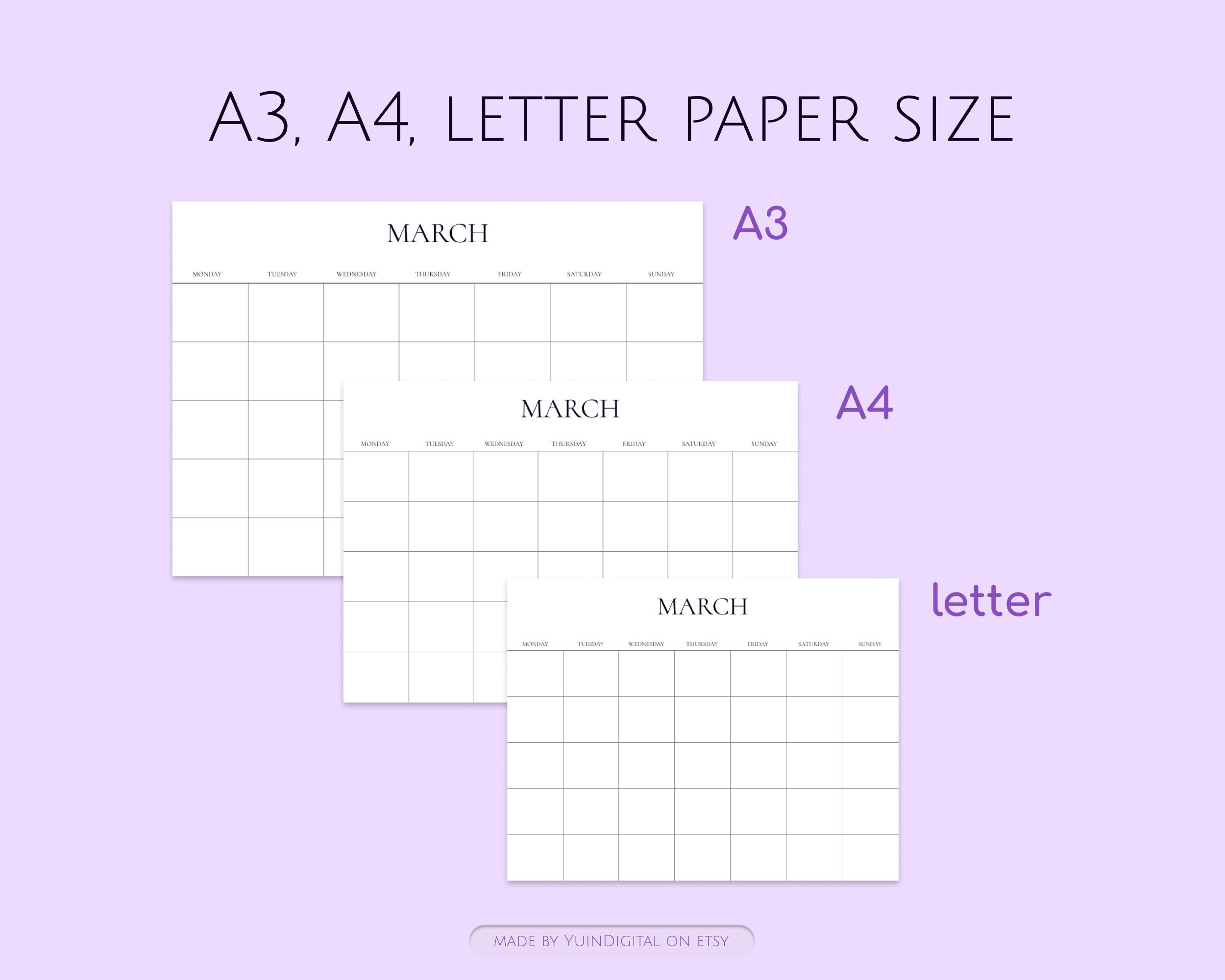 Monthly Blank Calendar Printable, Landscape, Modern Calendar Template ...