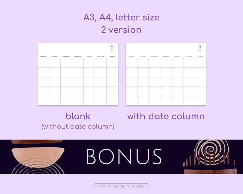 Monthly Blank Calendar Printable, Landscape, Modern Calendar Template ...