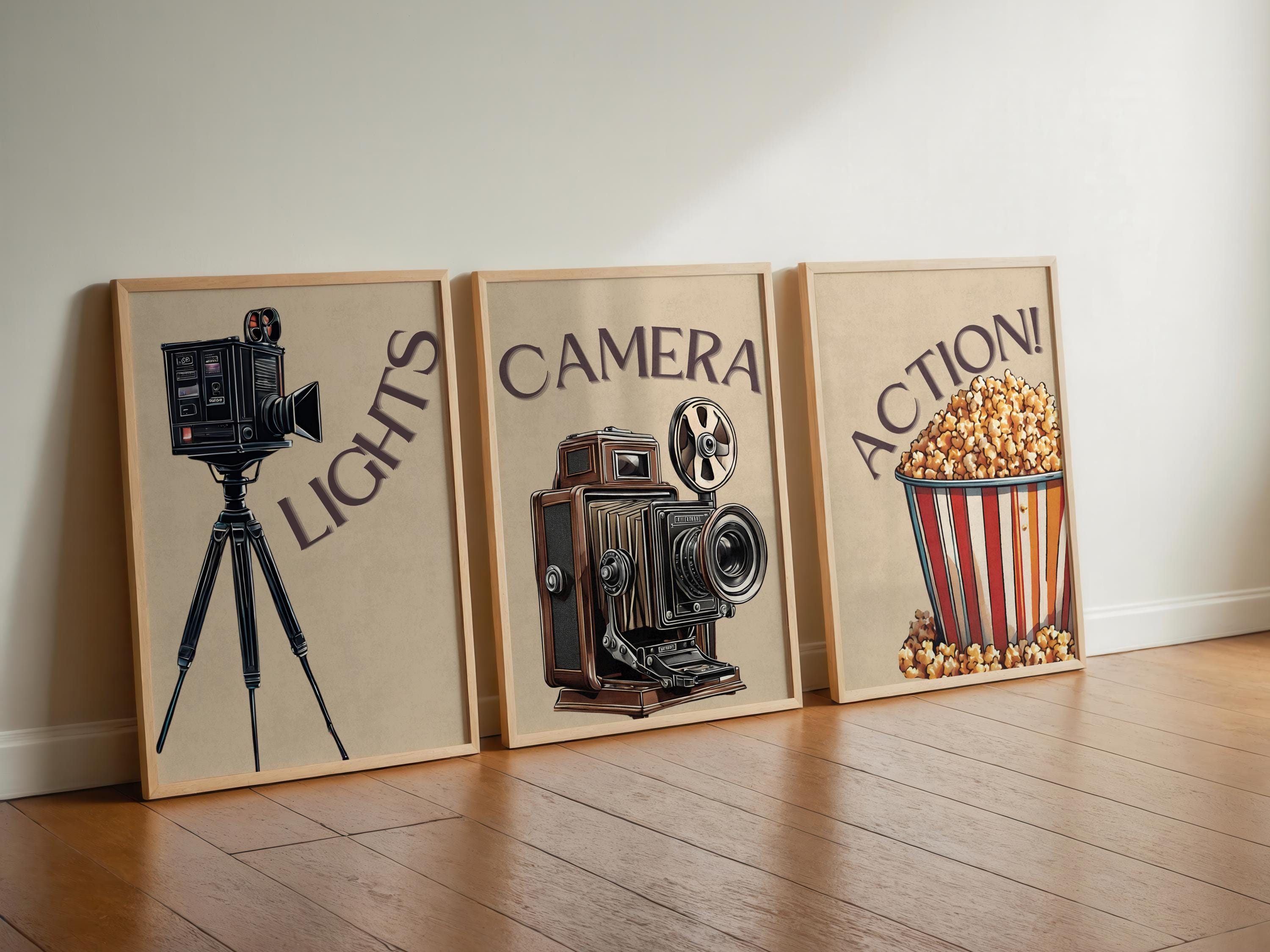 Movie Room Poster Trio: Lights, Camera, Action! Home Theater Poster Set ...