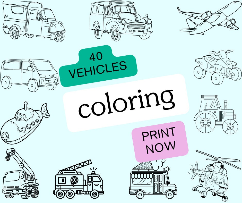 Printable Vehicle Coloring Pages Bundle for Kids 40 Exciting Designs ...