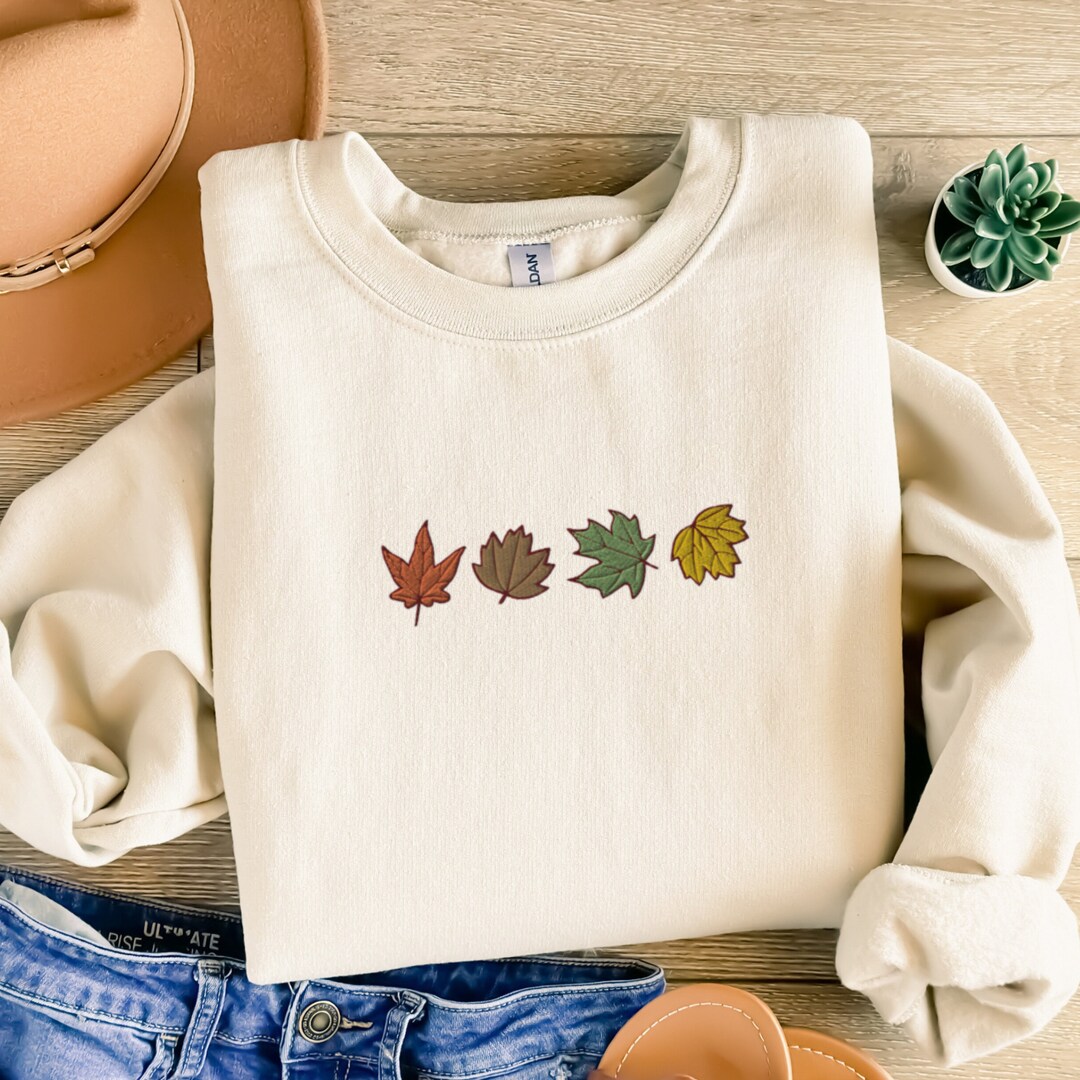 Maple Embroidered Sweatshirt, Fall Leaf Embroidered Sweater, Winter ...