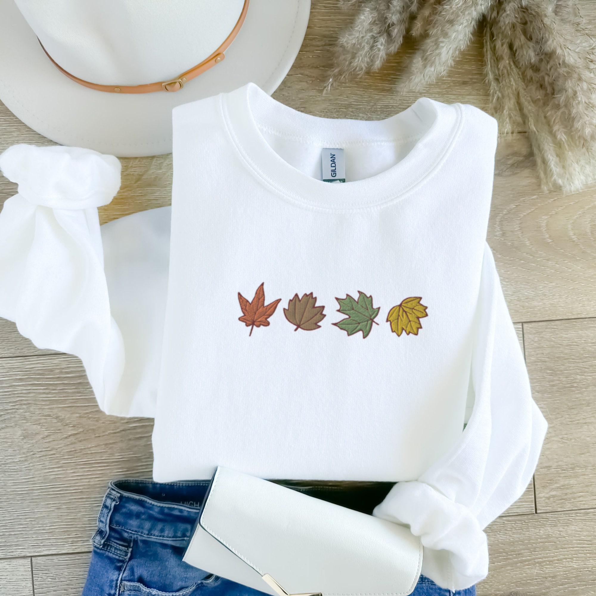 Maple Embroidered Sweatshirt, Fall Leaf Embroidered Sweater, Winter ...