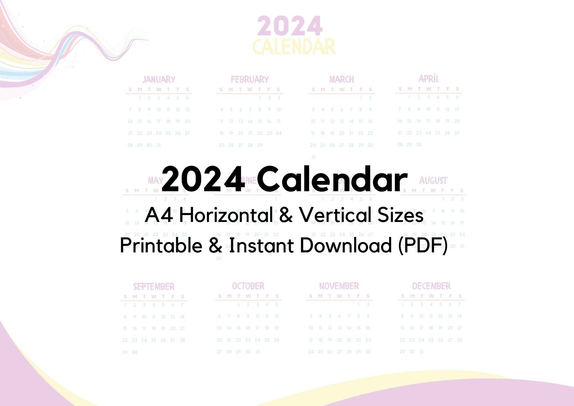 2024 Calendar & Printable Vertical and Horizontal Sizes - Etsy