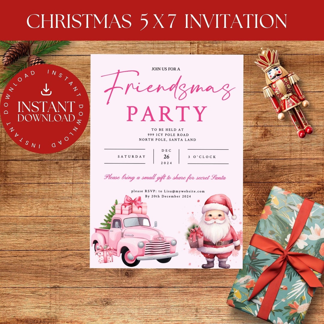FRIENDSMAS INVITATION PINK Printable digital File easy Editing Print or ...