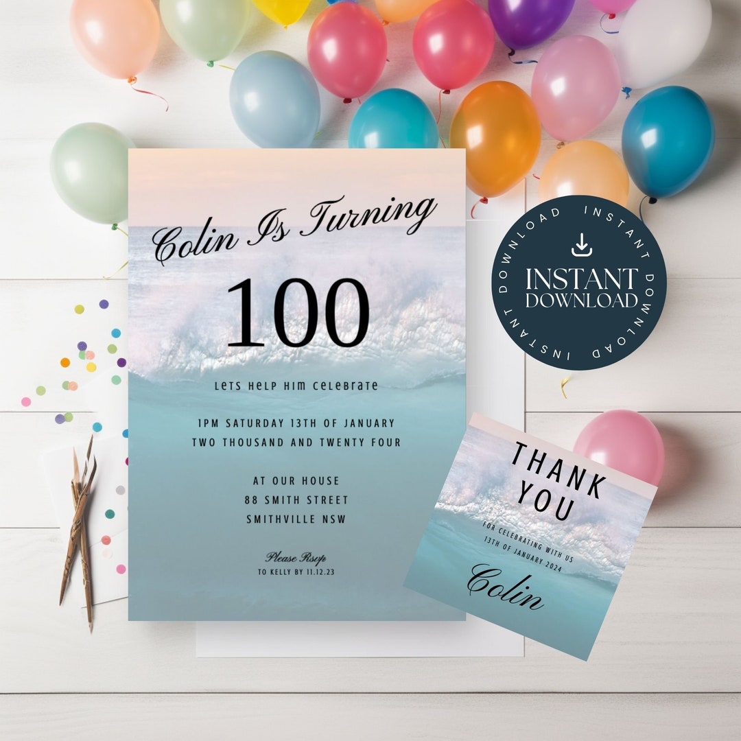 100th BIRTHDAY INVITATION and Thank You Tag Beach Scene - Etsy