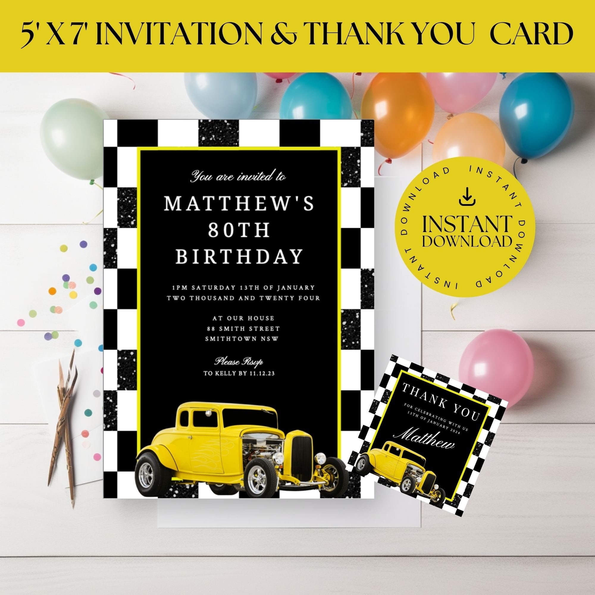 80th BIRTHDAY INVITATION Hot Rod Classic Car Digital File - Etsy