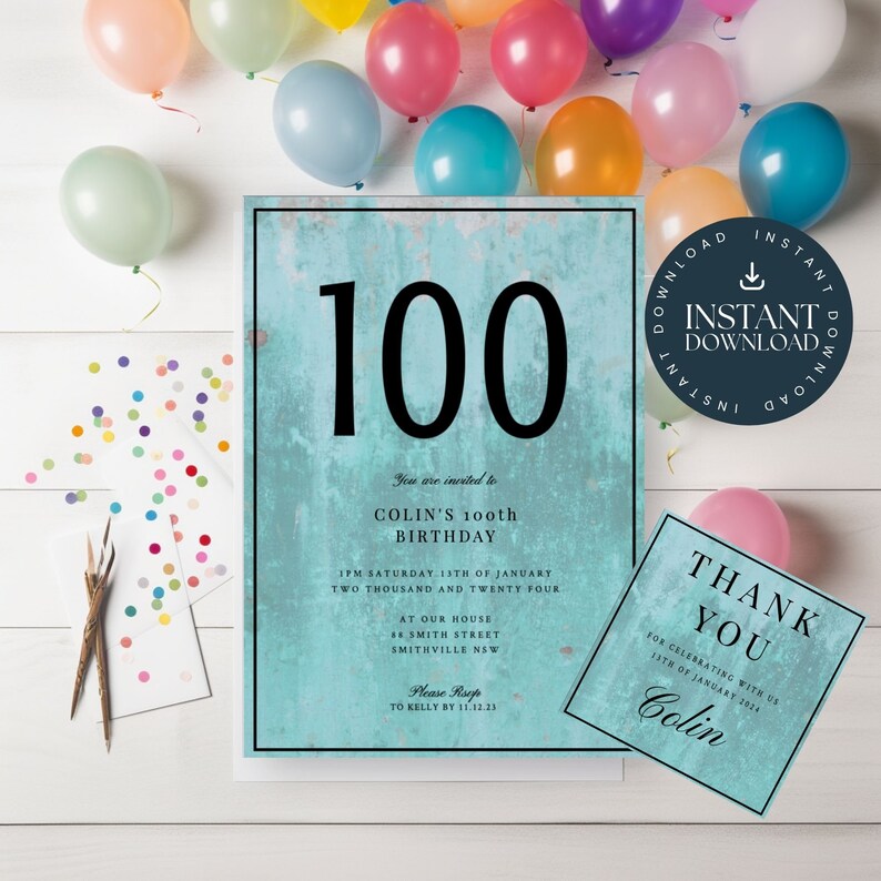 100th BIRTHDAY INVITATION and Thank You Tag Verdigris - Etsy