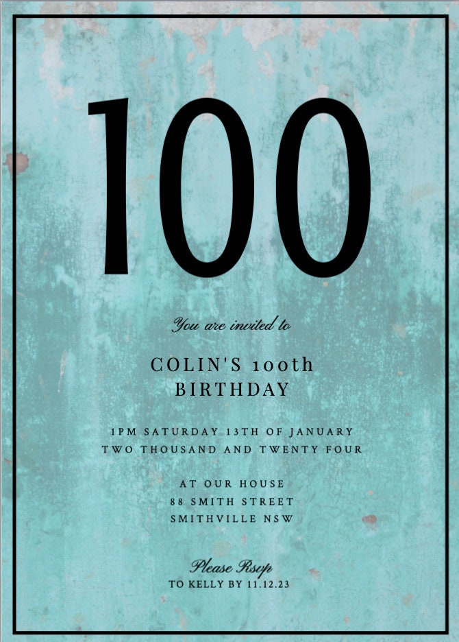 100th BIRTHDAY INVITATION and Thank You Tag Verdigris - Etsy