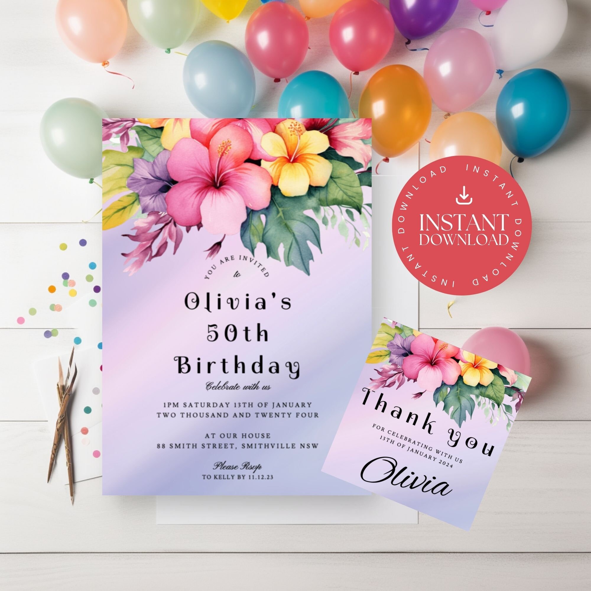 50th TROPICAL BIRTHDAY INVITATION Digital File Easy - Etsy