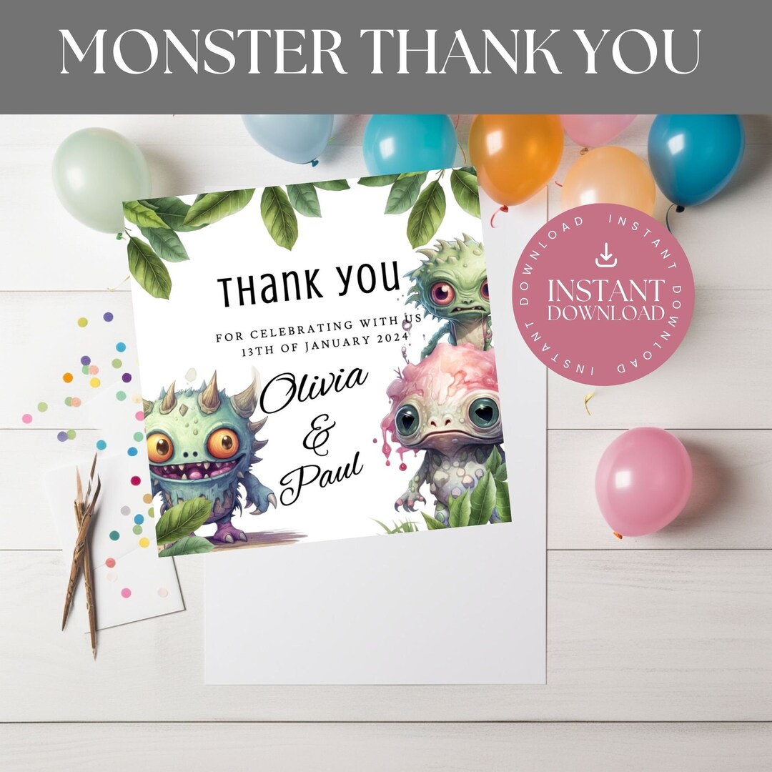 MONSTERS THANK YOU Card Digital File Easy Editing Print at Home Party ...