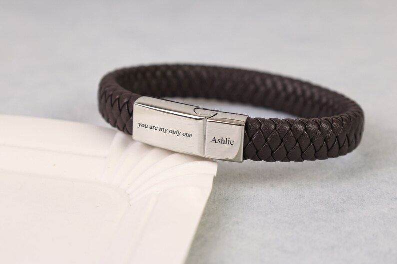 Men's Personalised Leather Bracelet With Matt Black Clasp Engraved ...