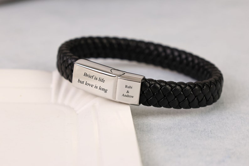 Men's Personalised Leather Bracelet With Matt Black Clasp Engraved ...
