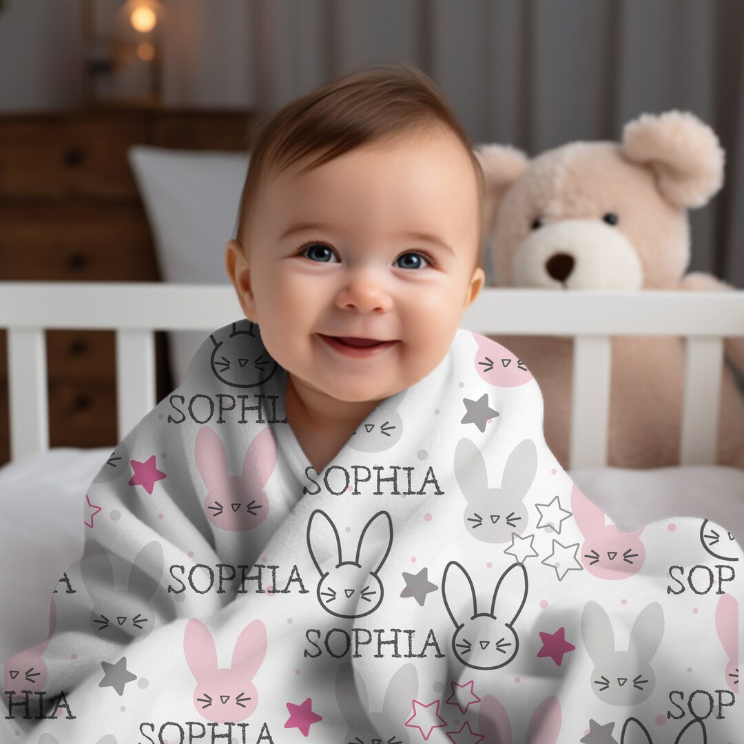 Custom Cute Bunny Blanket, Personalized Name Blanket, Bunnyl Minky ...