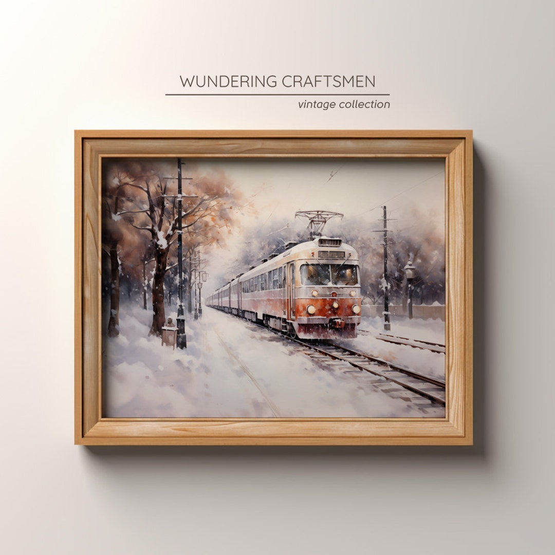 Train on Snowy Tracks Digital Train Wall Art Vintage Locomotive Oil ...