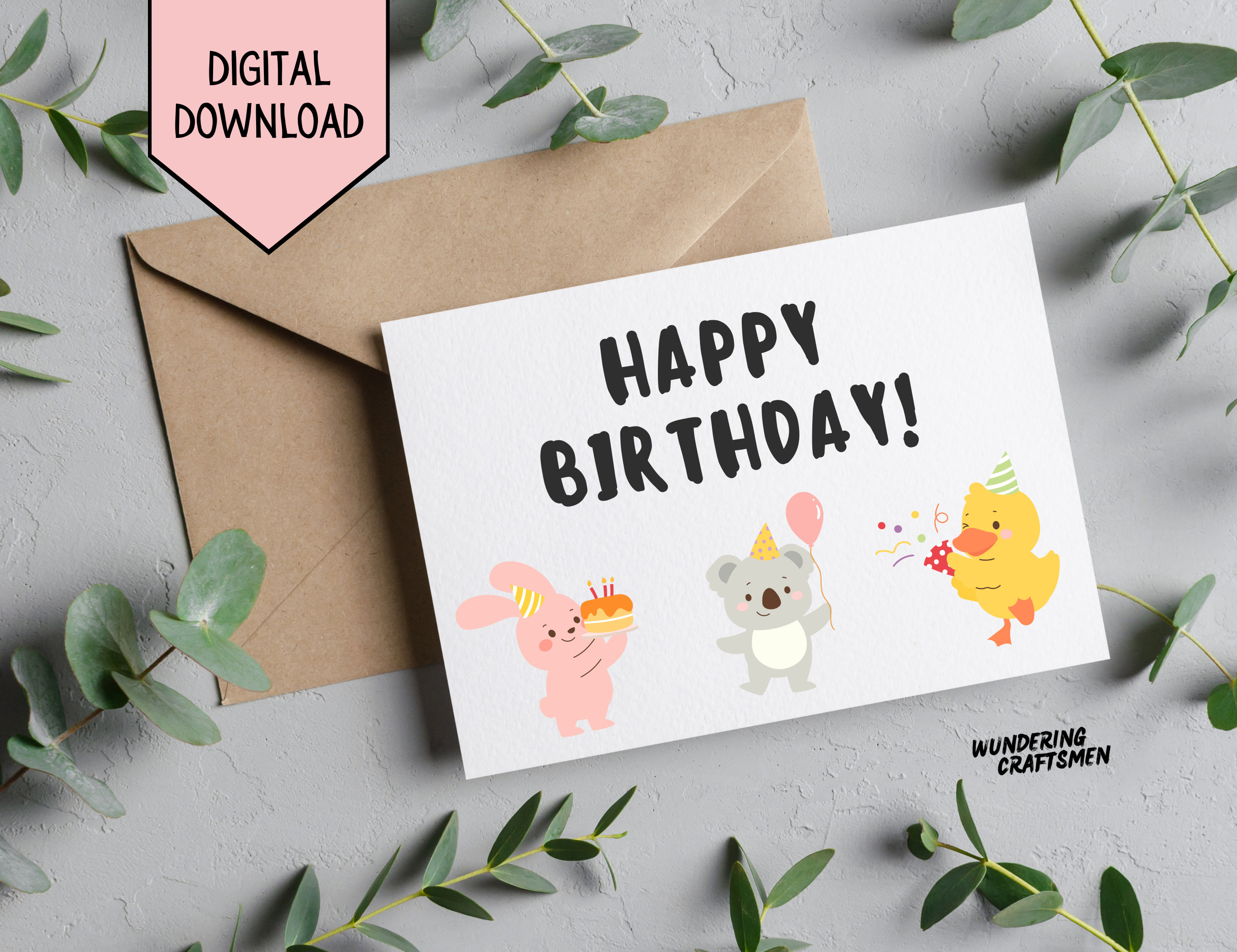 Cute Animal Birthday Card Digital Animal Friends Happy Birthday Card ...