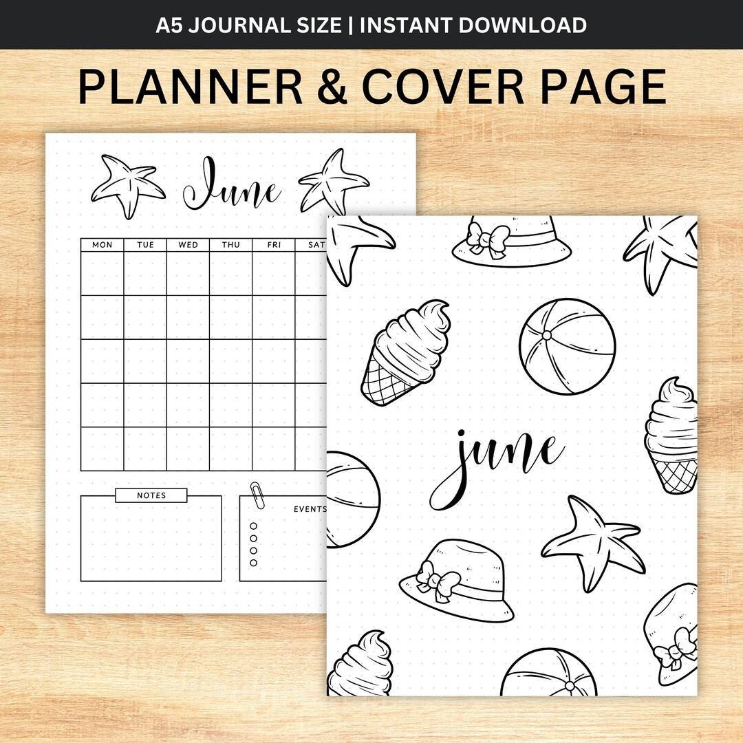 June Summer Theme Cover Page & Monthly Planner, Journal Dotted Pages - Etsy