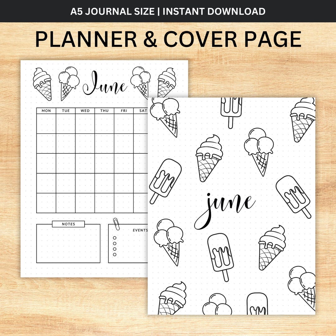 June Ice Cream Cover Page & Monthly Planner, Journal Dotted Pages - Etsy