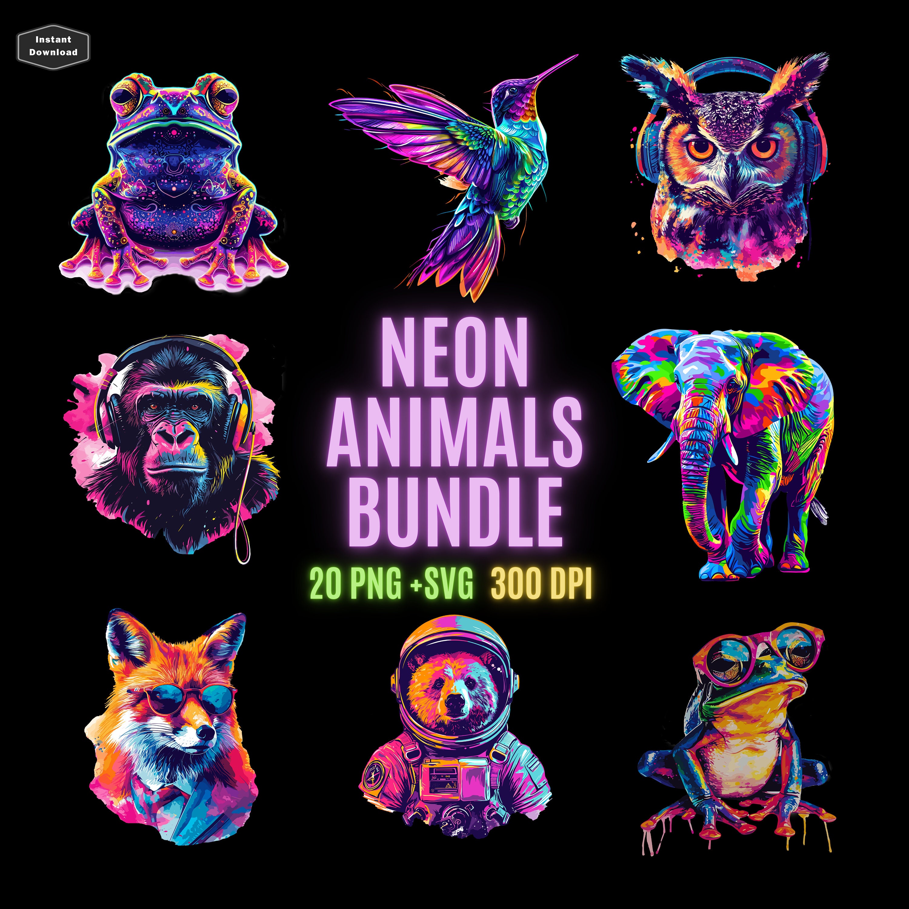 Neon Animals SVG and PNG Bundle, PNG Art for Sublimation, Dtf Designs ...