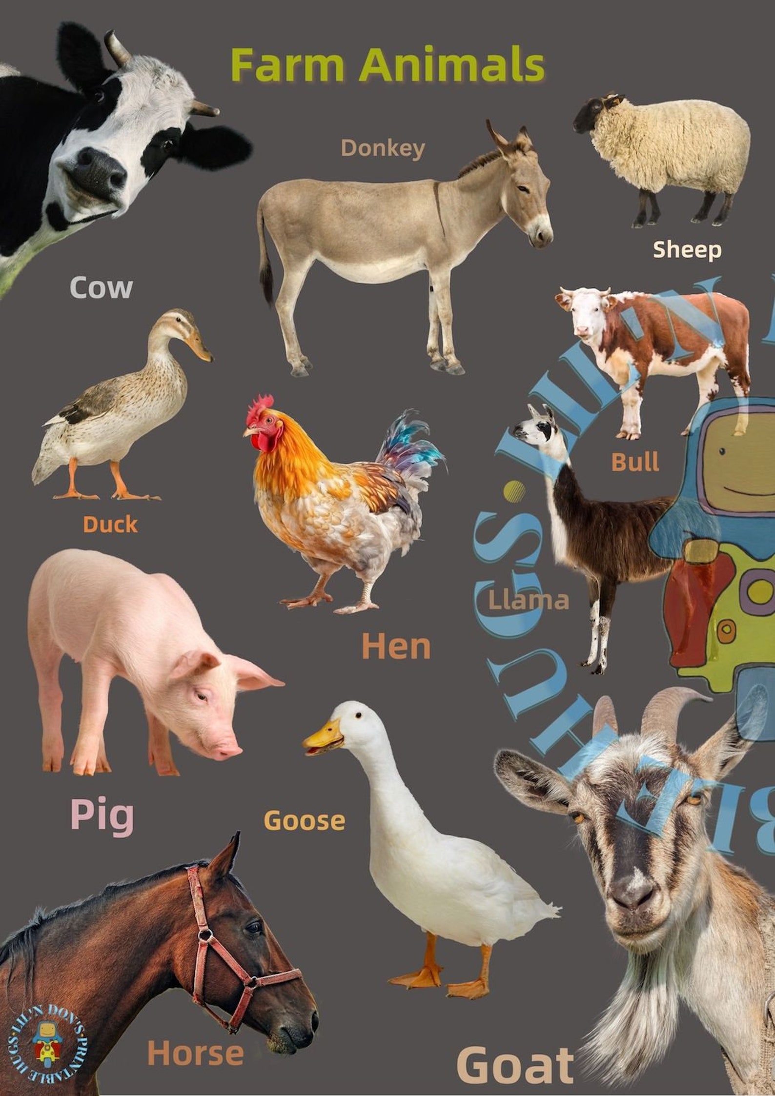 FARM ANIMAL Kids Wall Chart, Childrens Animal Poster, Farm Animal Names ...