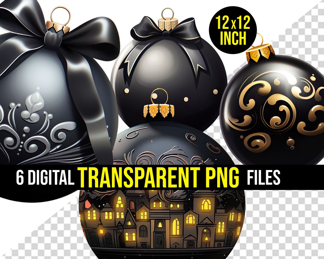 Elegant Black Christmas Baubles PNG Clipart 6 Round Ornaments Instant ...
