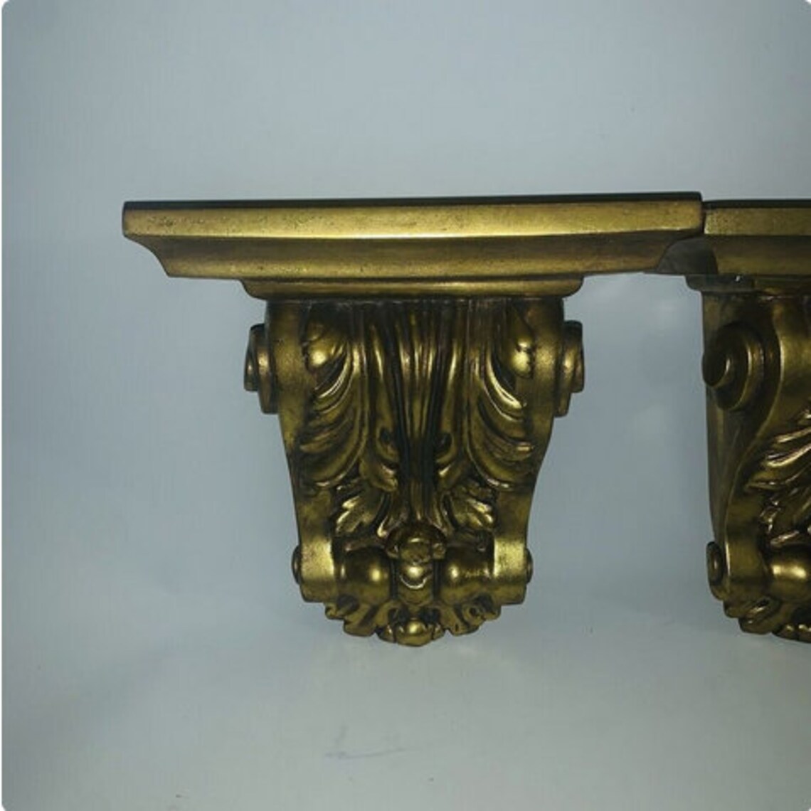 2 Pcs Wall Corbel Pair of Hollywood Regency Gold Gilt Corbels Shelf Sconce Tall Wooden Fireplace ...