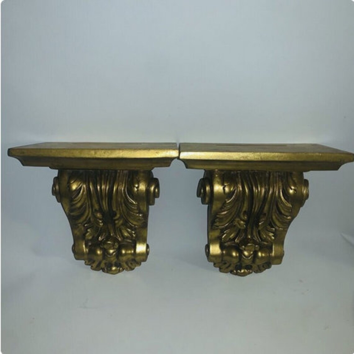2 Pcs Wall Corbel Pair of Hollywood Regency Gold Gilt Corbels Shelf Sconce Tall Wooden Fireplace ...