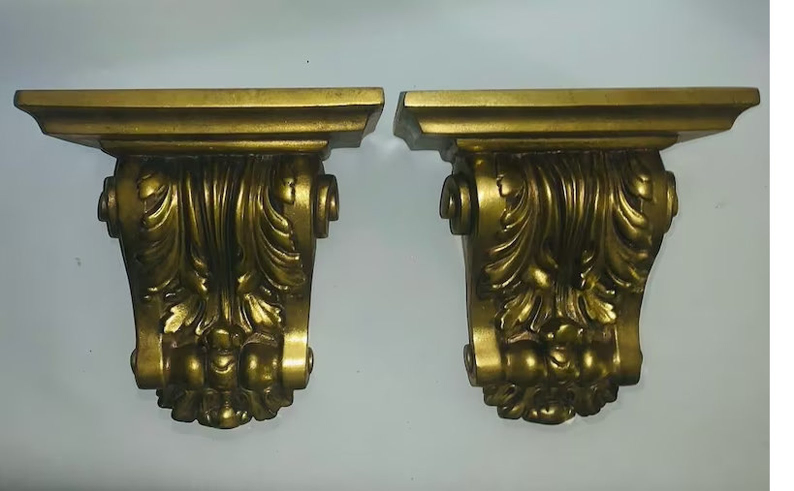 2 Pcs Wall Corbel Pair of Hollywood Regency Gold Gilt Corbels Shelf Sconce Tall Wooden Fireplace ...