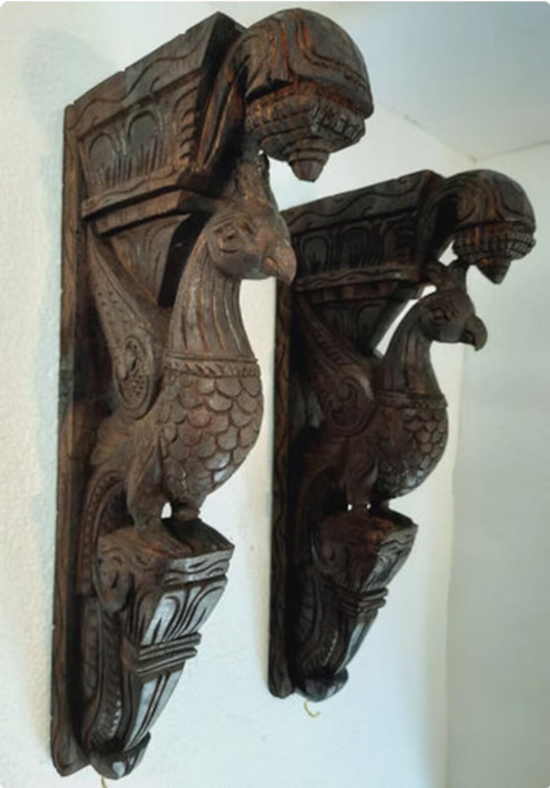 2 Pcs Wall Bracket Peacock Pair Bird Corbel Pair With Brass Bells ...
