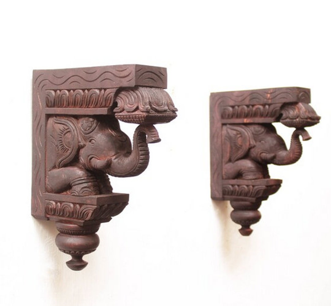 Wooden Wall Bracket Elephant Statue Corbel Pair Wall Hanging Shelf ...
