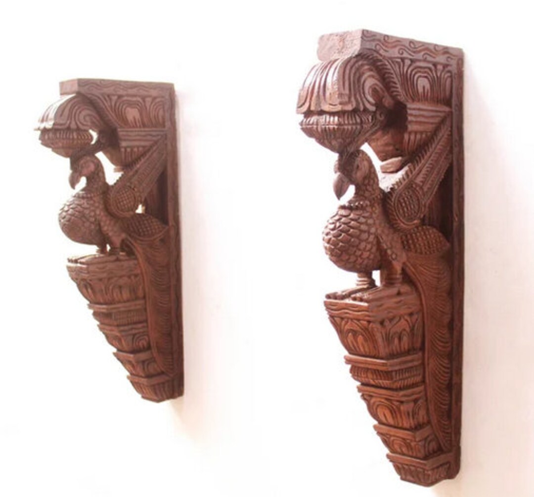 Wall Corbel Wooden Pair Bird Statue Peacock Sculpture Vintage Wall ...