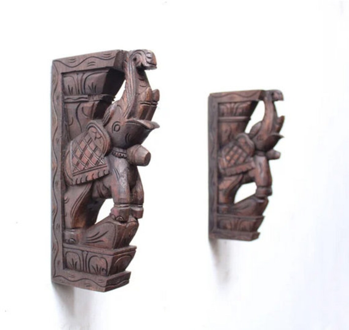 Wood Elephant Corbel Wall Bracket Small Pair Door/ Wall Hanging Shelf ...