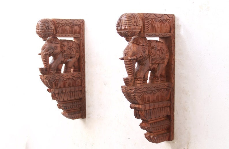 Wooden Wall Bracket Elephant Statue Corbel Pair Home Decor Entrance ...