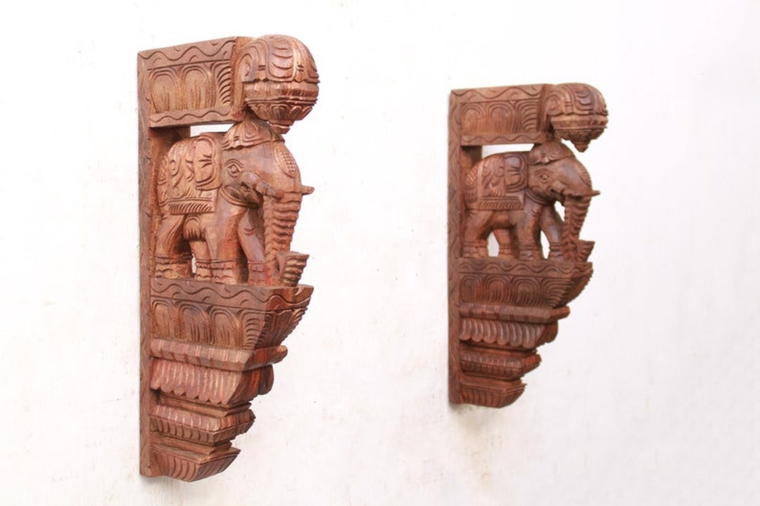 Wooden Wall Bracket Elephant Statue Corbel Pair Home Decor Entrance ...