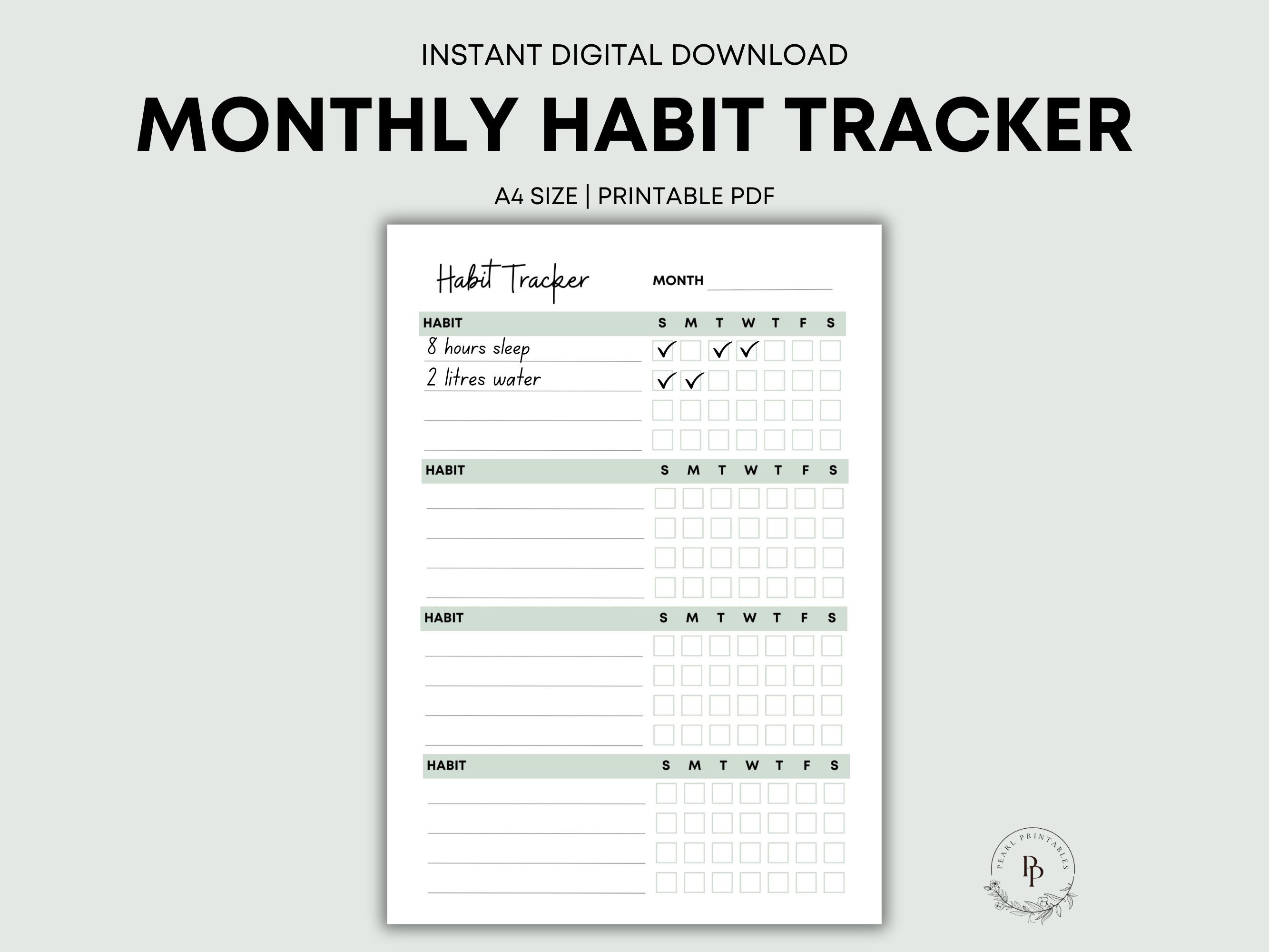 Printable Habit Tracker PDF Download A4 Size Sage Green Weekly Tracker ...