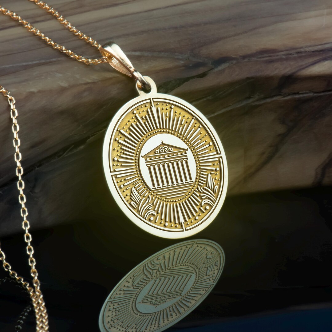 14K Solid Gold Pantheon Necklace, Silver Ancient Temple Pendant, Greek ...