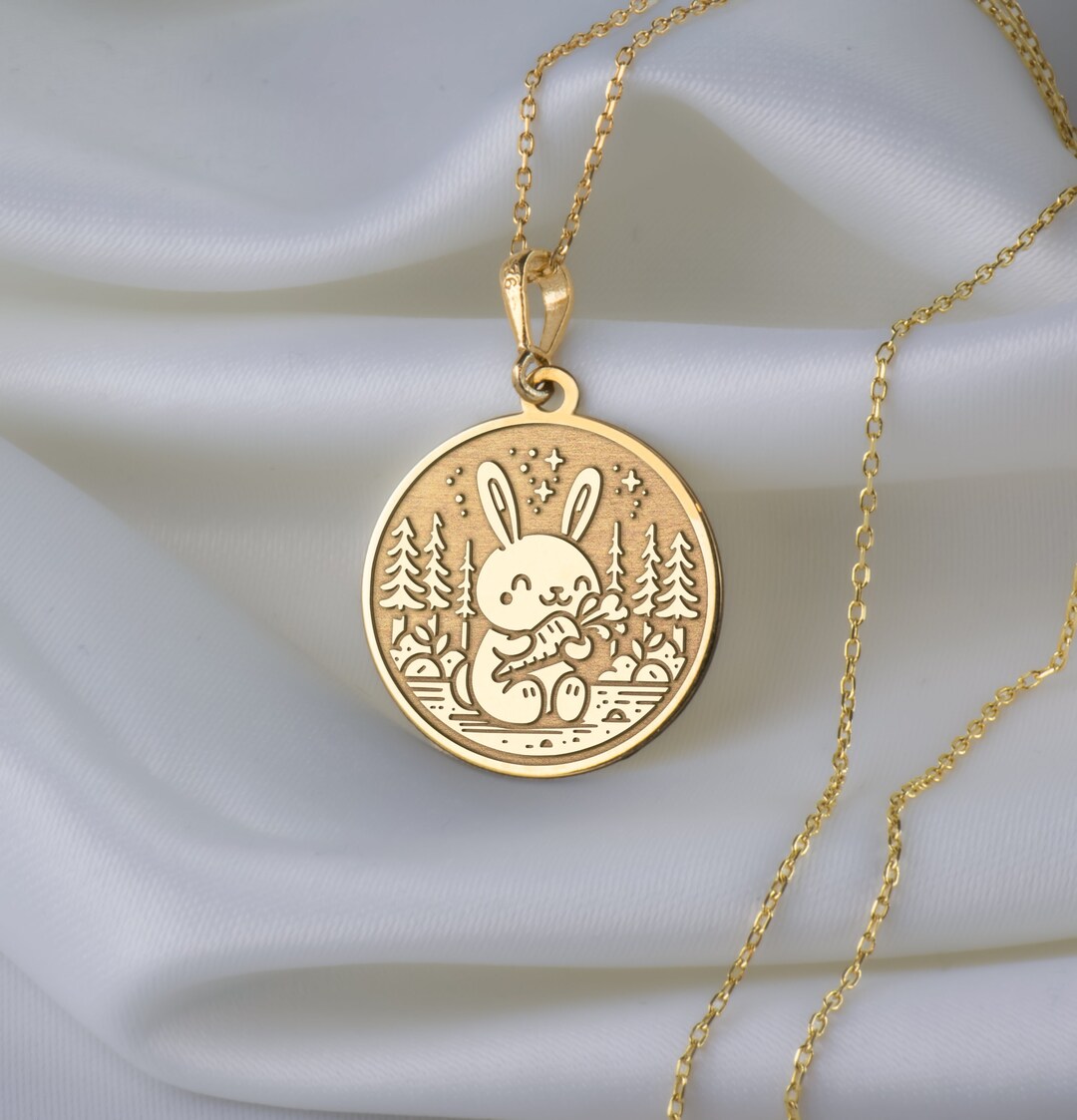 14K Solid Gold Bunny Necklace, Rabbit Pendant, Cute Bunny Necklace ...