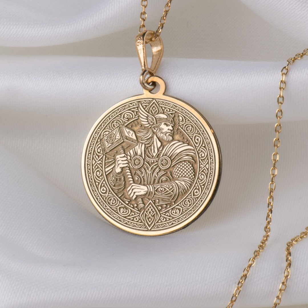 14K Solid Gold Thor Pendant, Viking Norse Mythology Necklace, Mjolnir ...