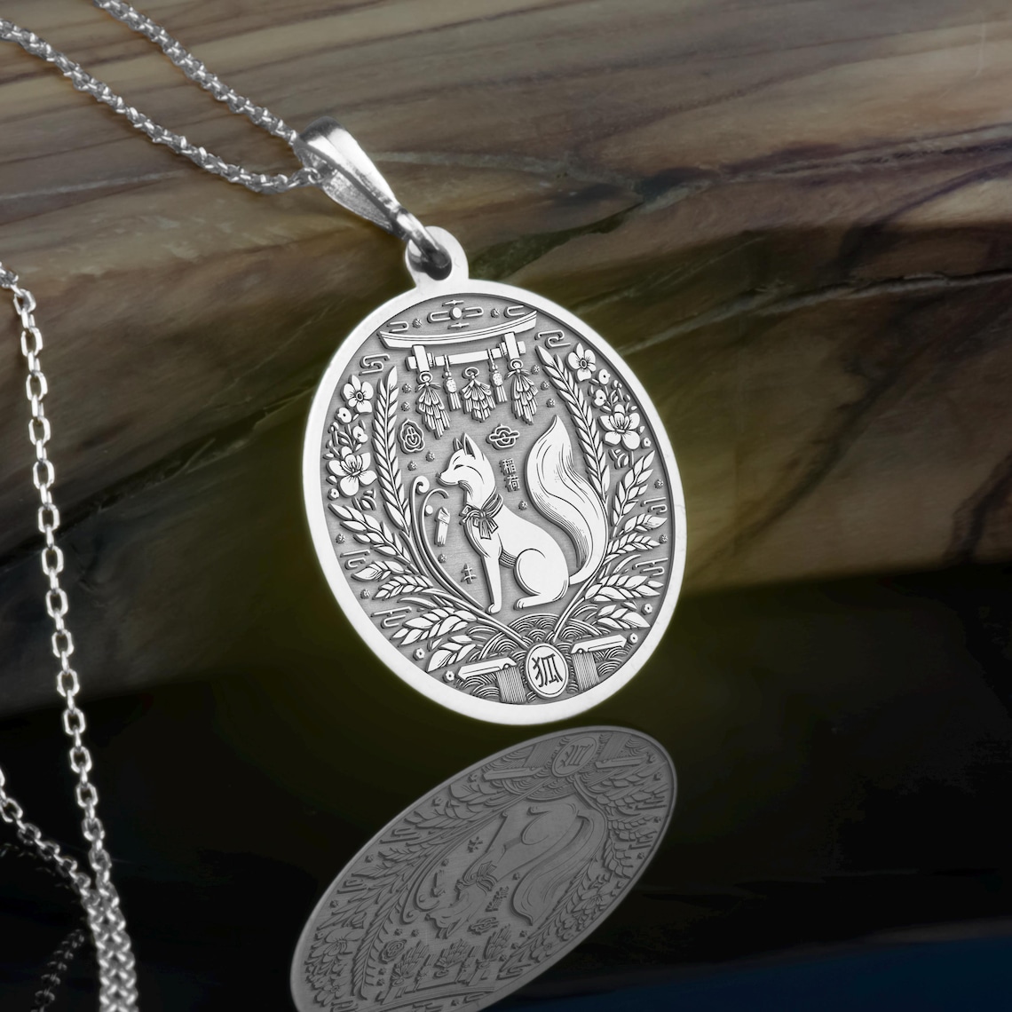 14K Solid Gold Inari Fox Necklace, Silver Kitsune Pendant, Shinto ...