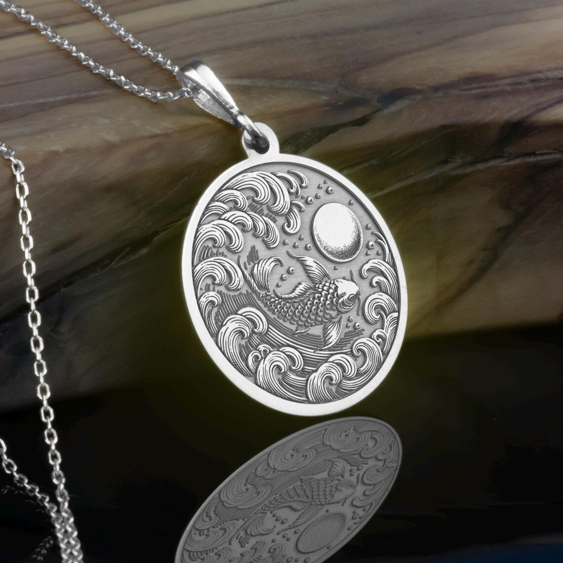 14K Solid Gold Koi Fish Moonlit Charm Necklace, Symbol of Resilience ...