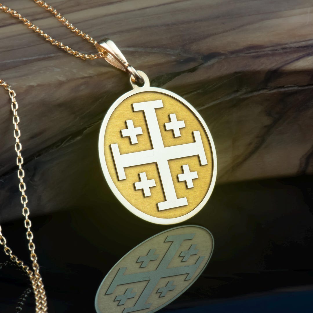 14K Solid Gold Jerusalem Cross Necklace, Silver Crusader Five Cross ...