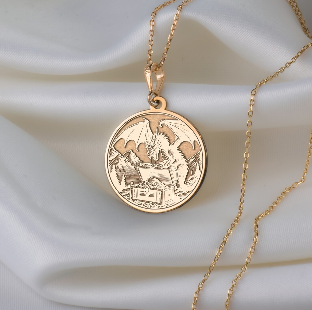 14K Solid Gold Dragon, Treasure Protector Dragon Charm, Silver Treasure ...