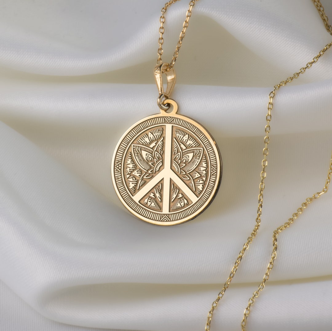 14K Solid Gold Peace Sign Necklace, Personalized Peace Pendant, Dainty ...