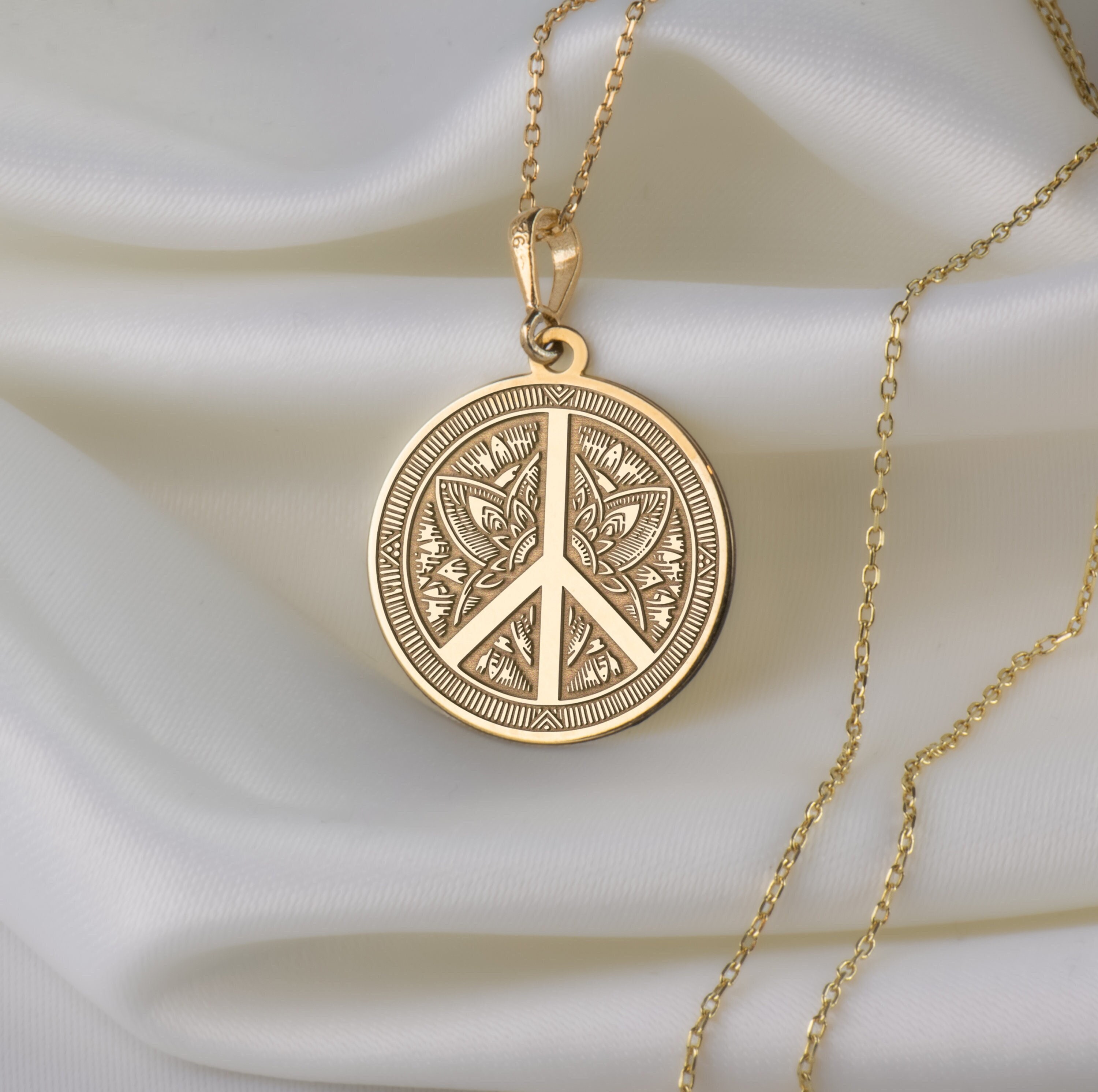 14K Solid Gold Peace Sign Necklace, Personalized Peace Pendant, Dainty ...