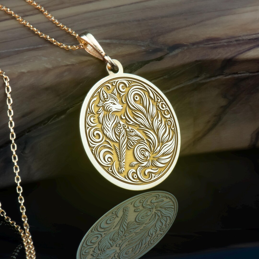 14K Solid Gold Fox Necklace, Silver Tribal Fox Pendant, Rose Gold ...