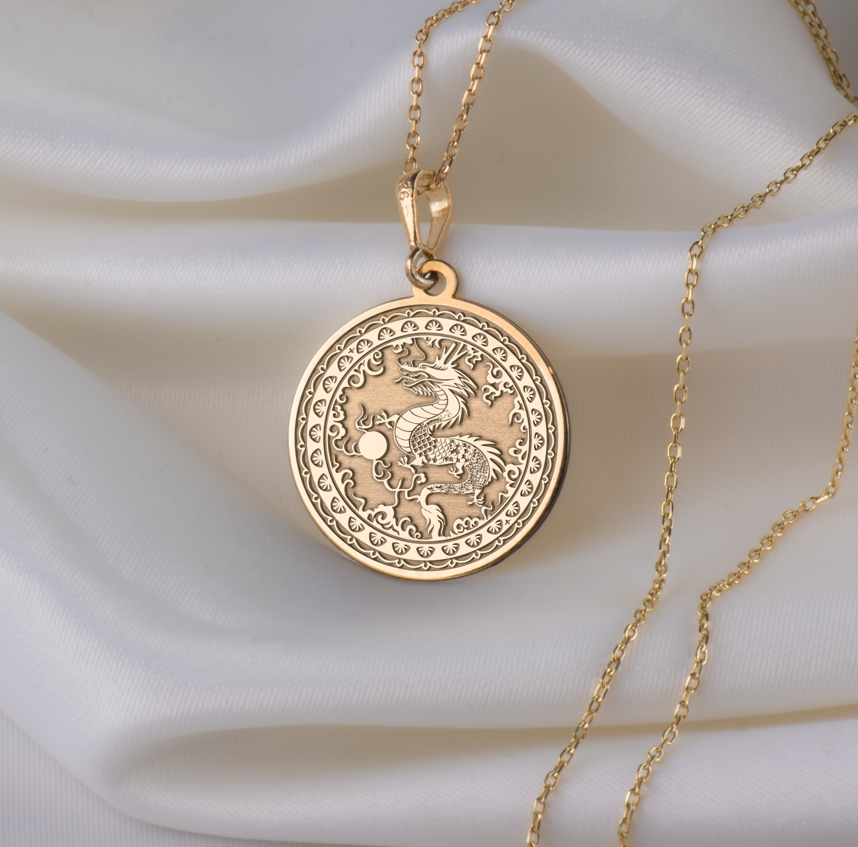 14K Solid Gold Traditional Dragon Necklace, Silver Mythical Dragon ...