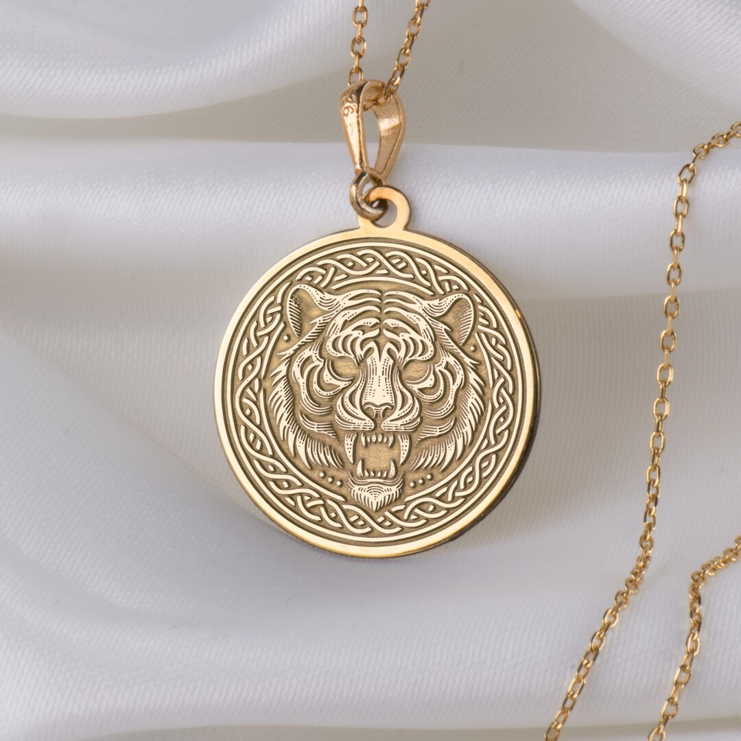 14K Solid Gold Celtic Tiger Necklace, Bold Tiger Pendant, Gold Animal ...